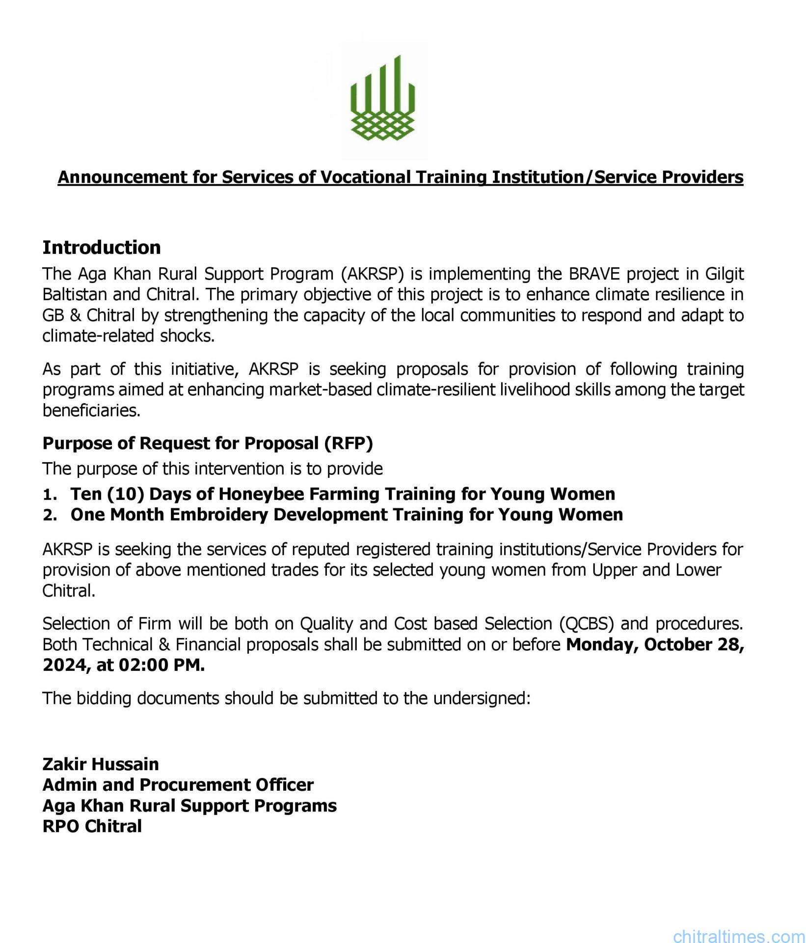 Chitral Times - Advertisement for RFP for trainings-AKRSP